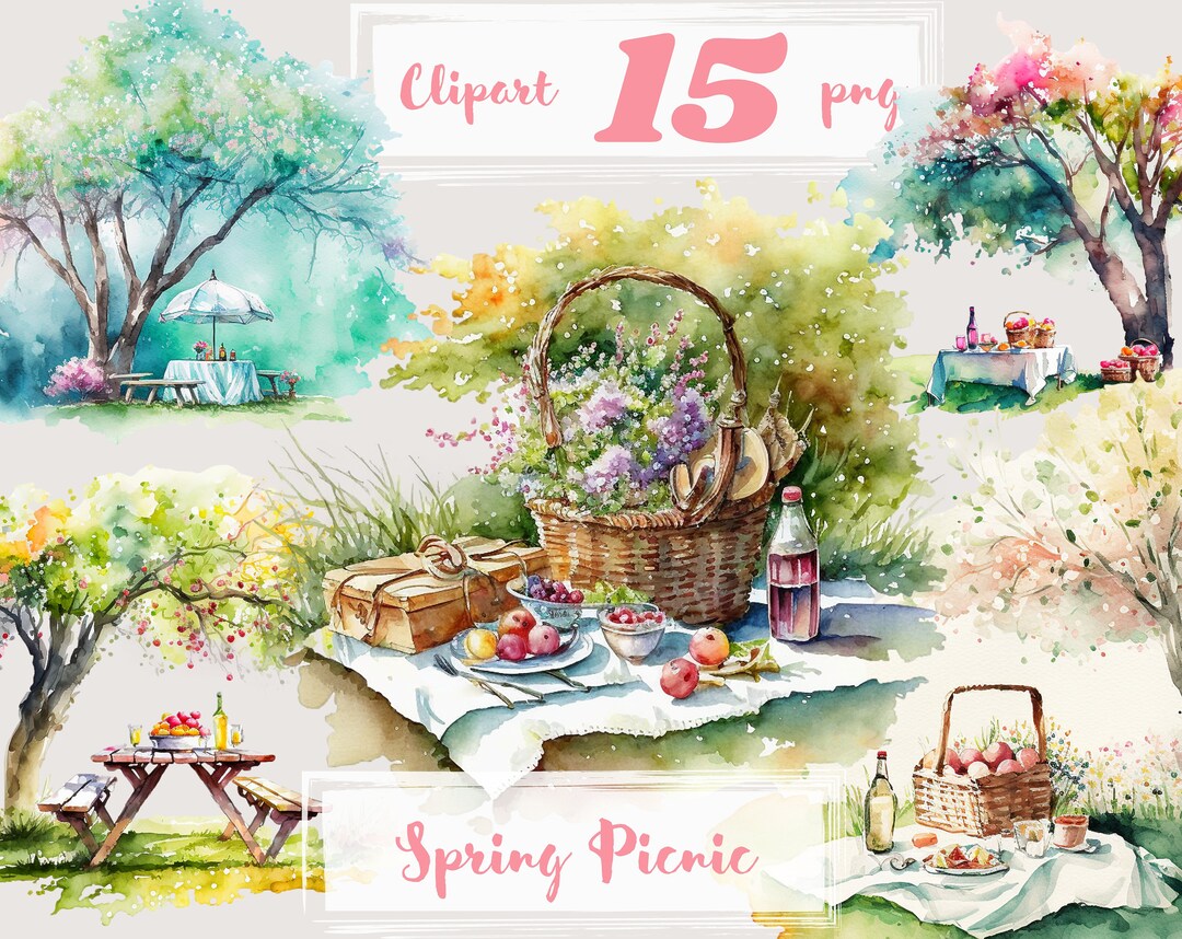 Spring Picnic Clipart, Tea Time Clip Art, Png. Digital Watercolor. Free ...
