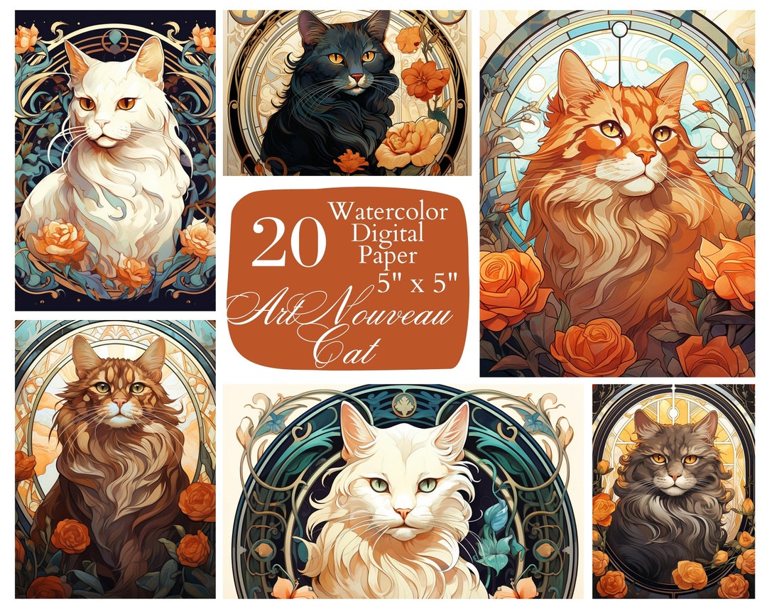 Cat Digital Paper, Art Nouveau Clipart. Watercolor Scrapbook Paper for ...