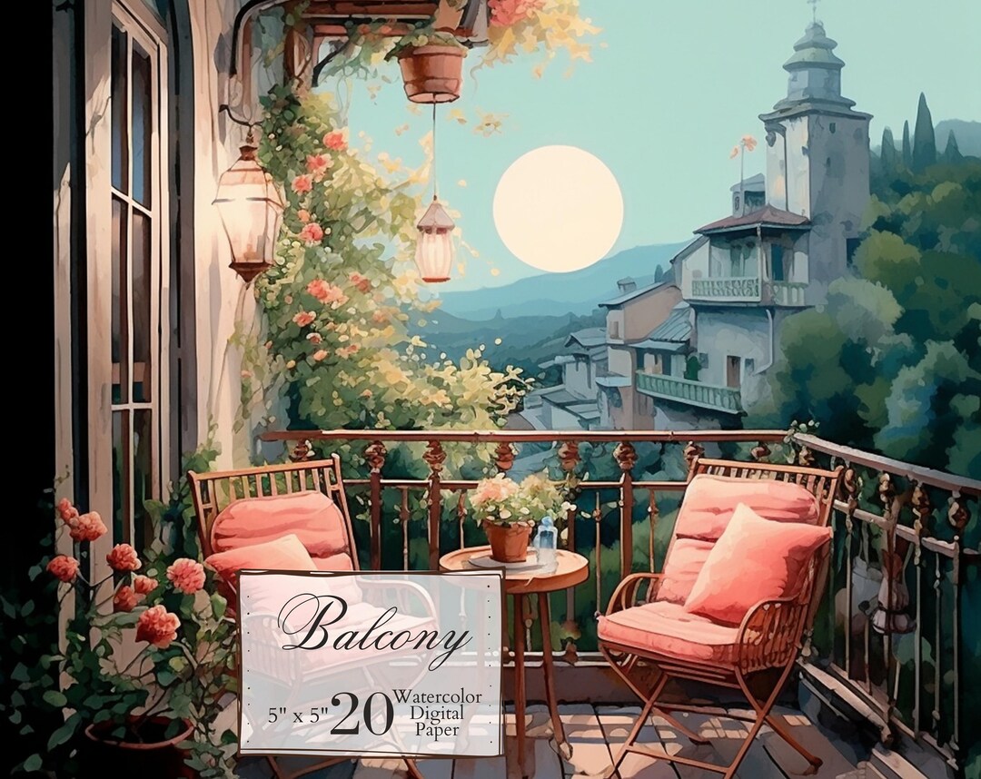 Balcony Digital Paper, Travel Digital Paper. Watercolor Scrapbook Paper ...