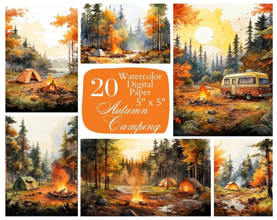 Autumn Digital Paper, Camping Paper, Landscape Clipart. Watercolor ...
