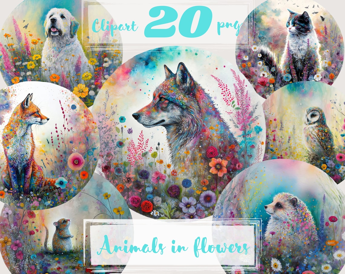Cute Animals Clipart, Animals in the Flowers Clip Art, Png. Digital ...