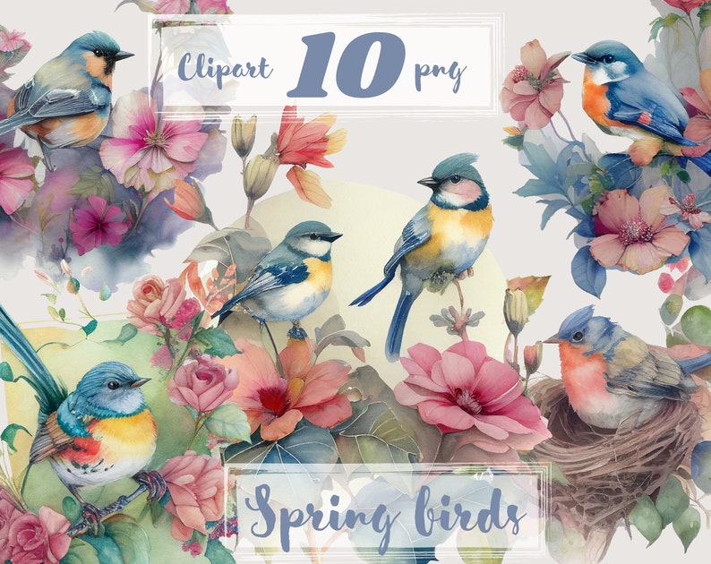 Spring Bird Clipart, Floral Clip Art, Png. Watercolor Clipart. Free ...