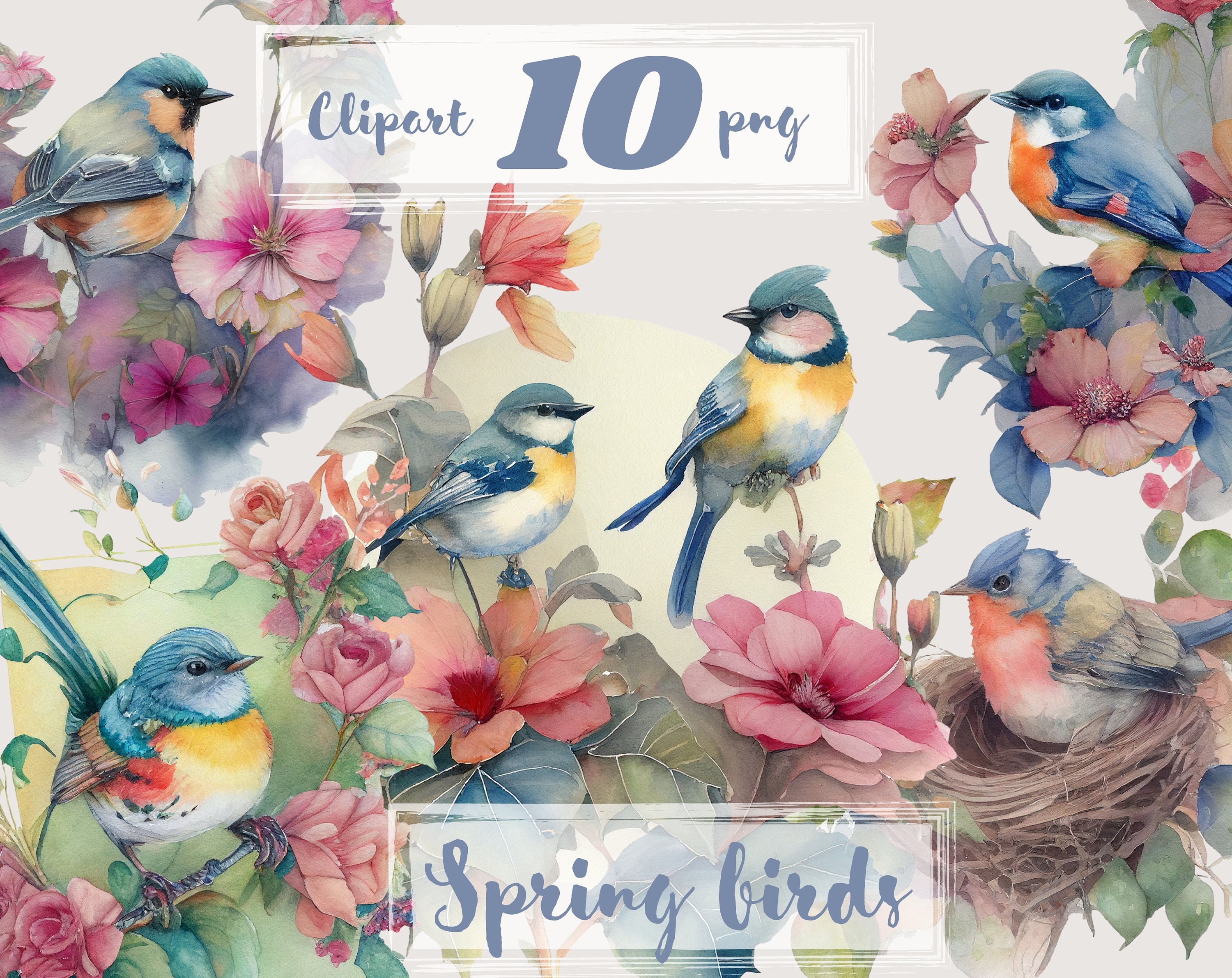Spring Bird Clipart Floral Clip Art Png. Digital Watercolor. - Etsy ...