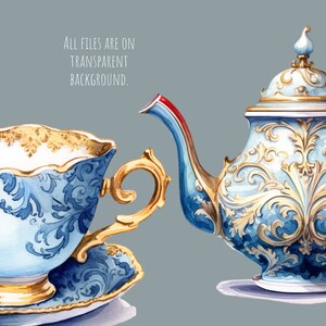 Blue Tea Time Clipart, Tea Set Clip Art, Vintage Teacup Clipart ...