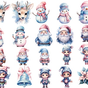 Pink Blue Christmas Clipart. Santa Claus, Present, Gift, Elf, Snow ...