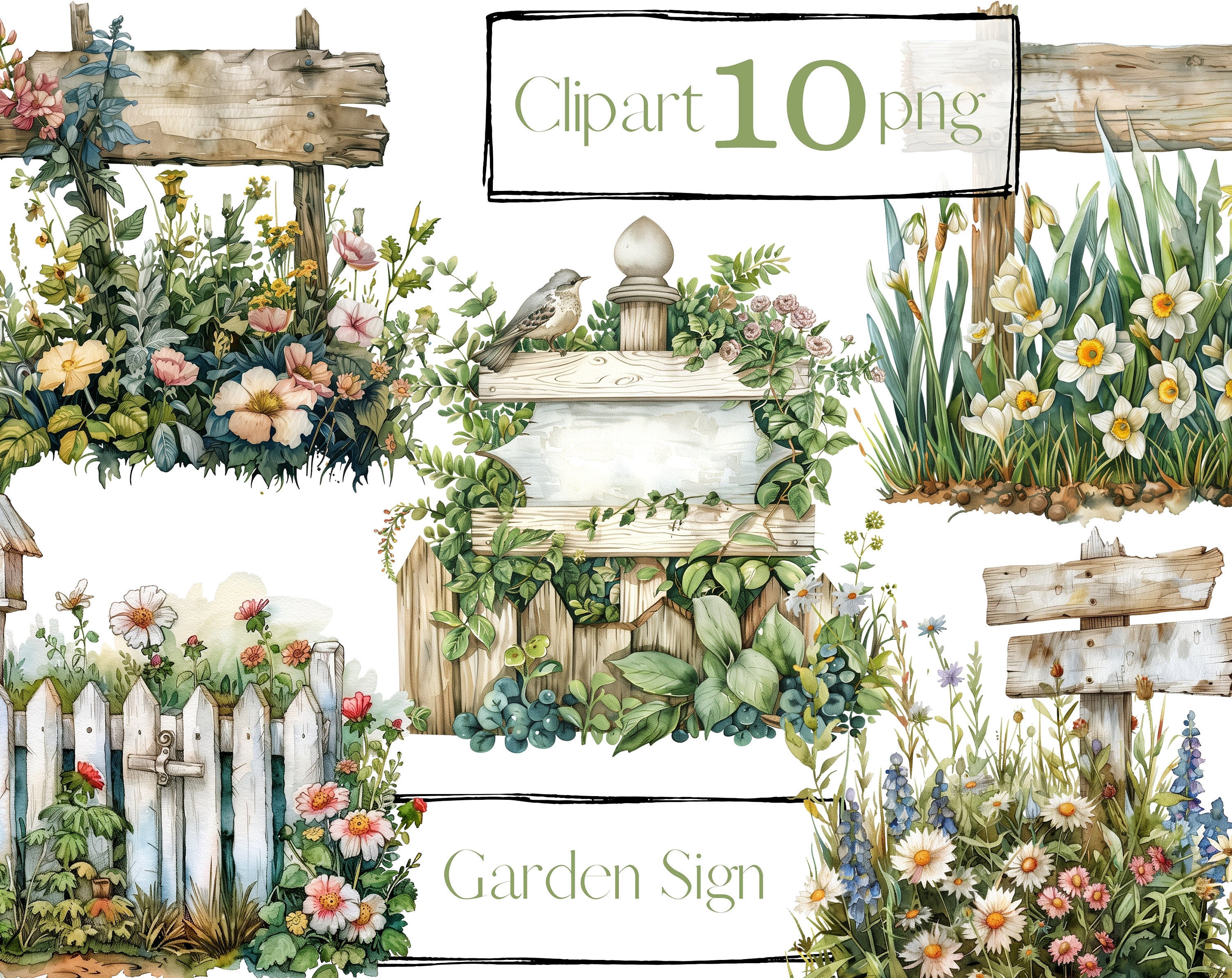 Sign Clipart, Spring Garden Clipart, Floral, Png. Paper Craft, Digital ...