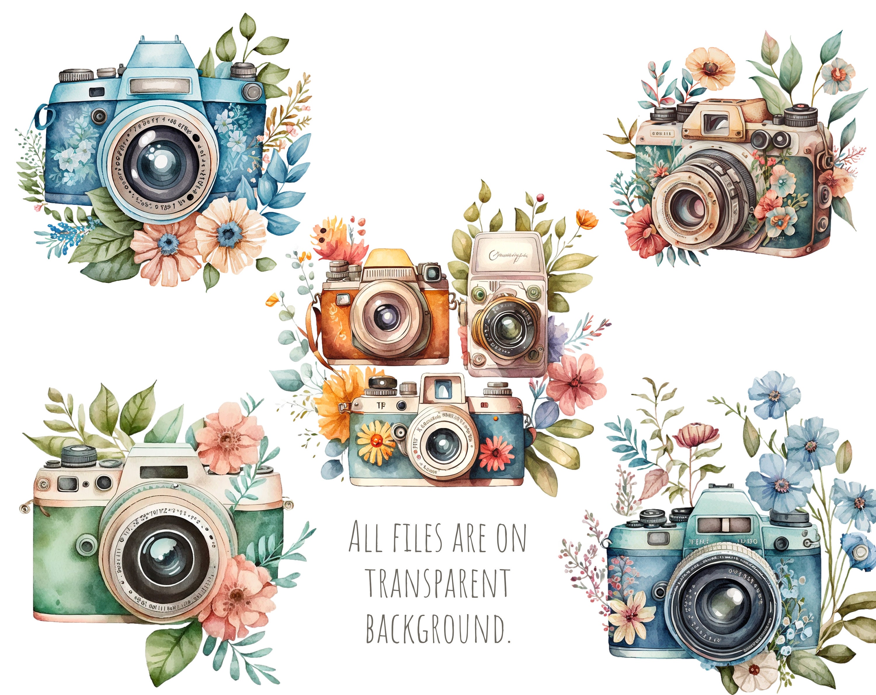 Watercolor Retro Cameras Clipart. Vintage Clipart, Retro Clip Art, Boho ...