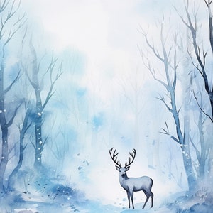 Winter Forest Digital Paper, Snow Winter Wood, Deer Clipart. Watercolor ...
