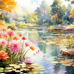 Autumn Lake Digital Paper, Fall Landscape, Pattern. Watercolor Digital ...