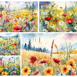 Meadow Digital Paper, Field, Wild Flowers. Watercolor Scrapbook Paper ...