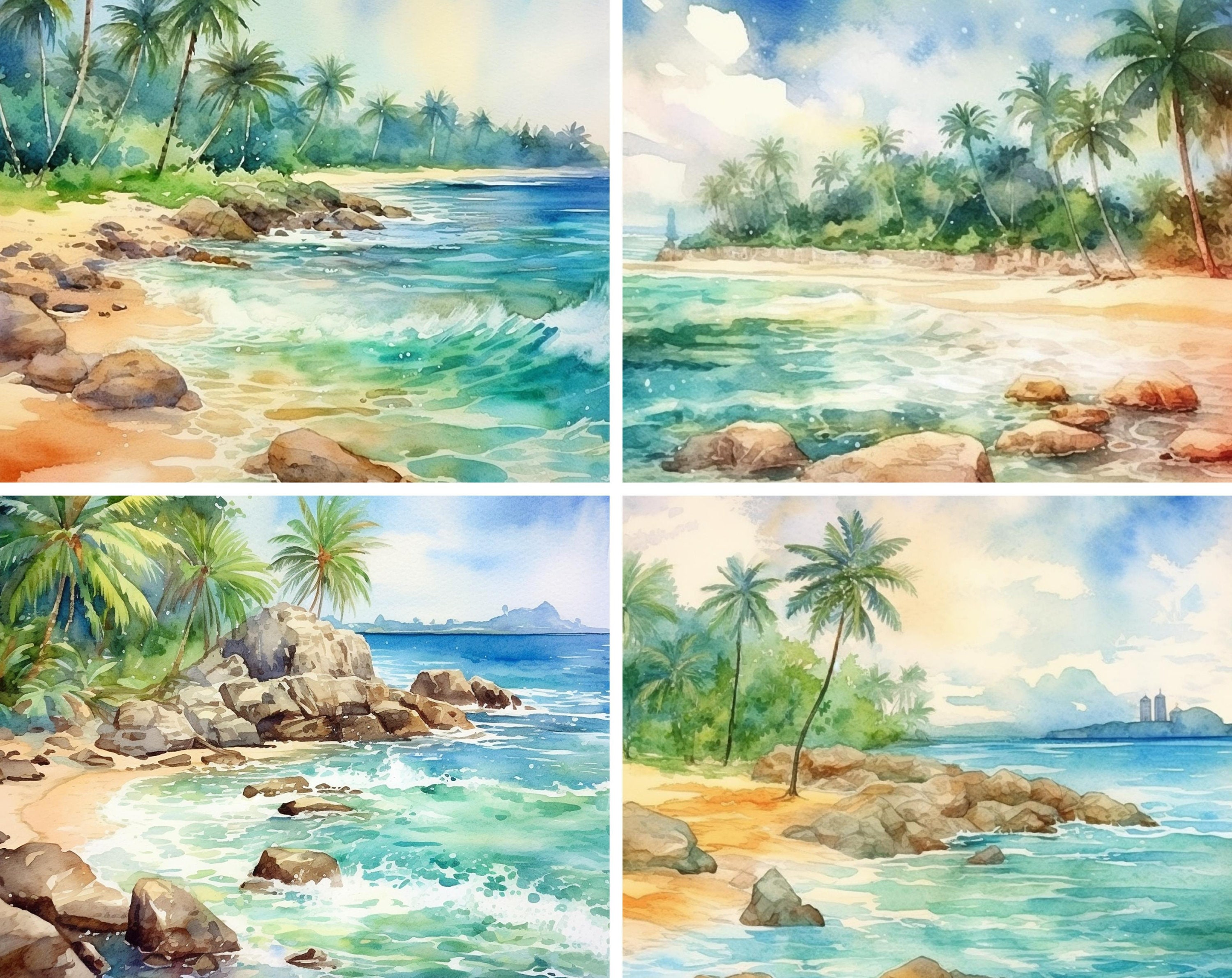 Tropical Beach Watercolor Digital Paper, Scrapbook Paper (PNG, 5x5 ...