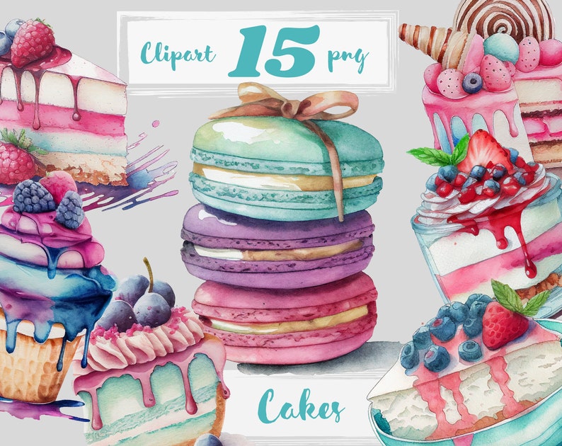 Cakes Clipart Sweets Clip Art Png. Digital Watercolor. Free - Etsy