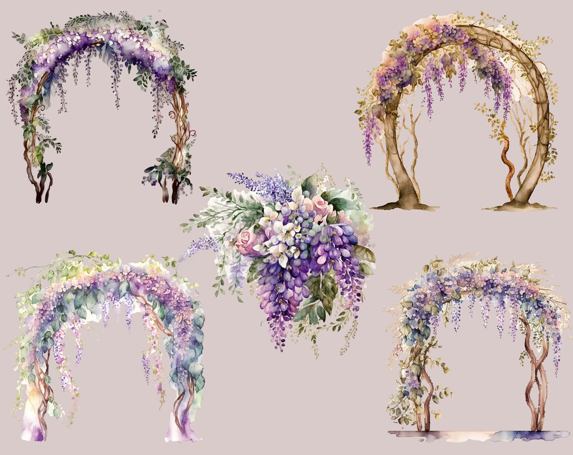 Watercolor Floral Arches Clipart, Wedding Clipart, Wisteria Clipart ...