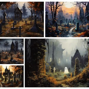 Halloween Digital Paper, Autumn Cemetery, Graveyard. Watercolor Digital ...