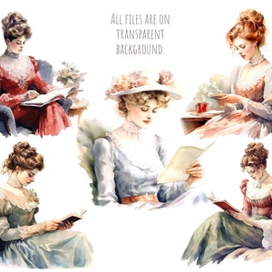 Vintage Lady Clipart, Reading Clipart, Victorian Clipart, Book Clipart ...