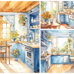 Kitchen Digital Paper, Blue Interior. Watercolor Scrapbook Paper for ...