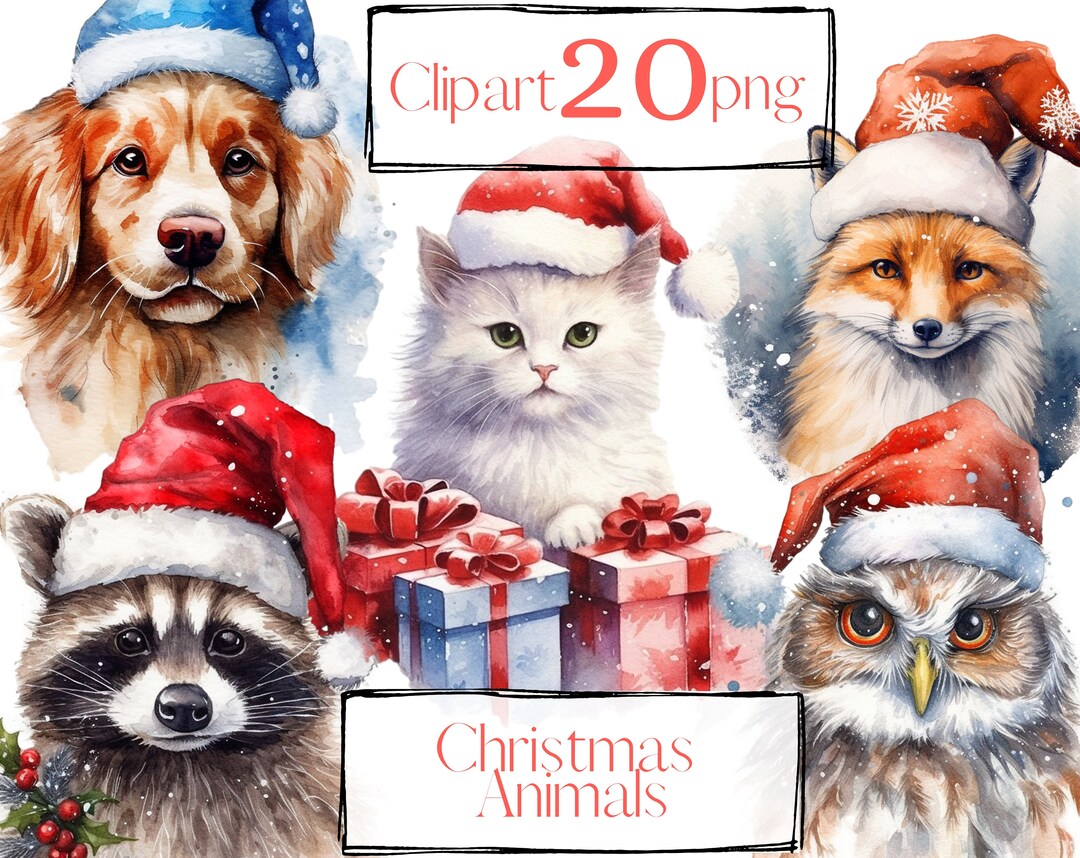 Christmas Animals Clipart, Watercolor Style (PNG, Commercial Use) - Etsy