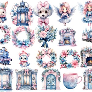 Pink Blue Christmas Clipart. Santa Claus, Present, Gift, Elf, Snow ...