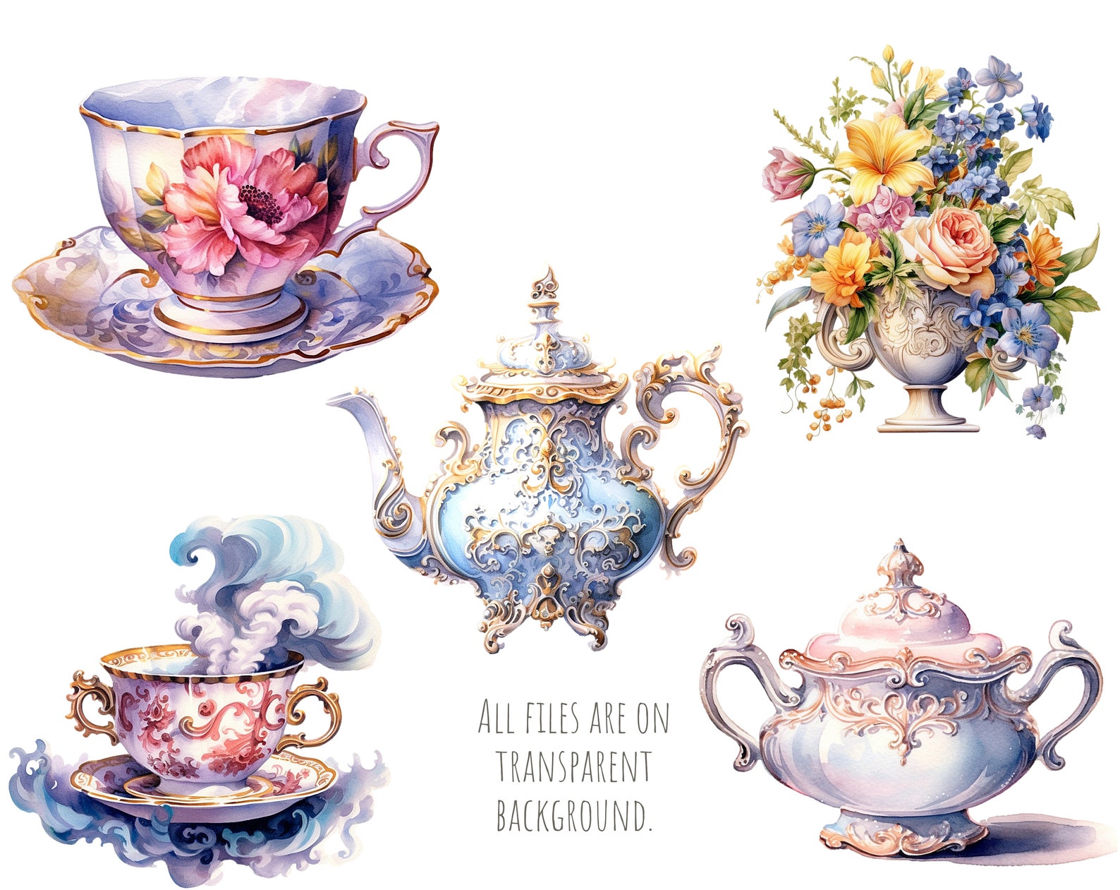 Tea Time Clipart, Tea Set Rococo Clip Art, Vintage Teacup Clipart ...