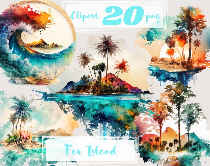 Island Watercolor Clipart, Tropical Beach PNG Set (20 Files) Digital ...