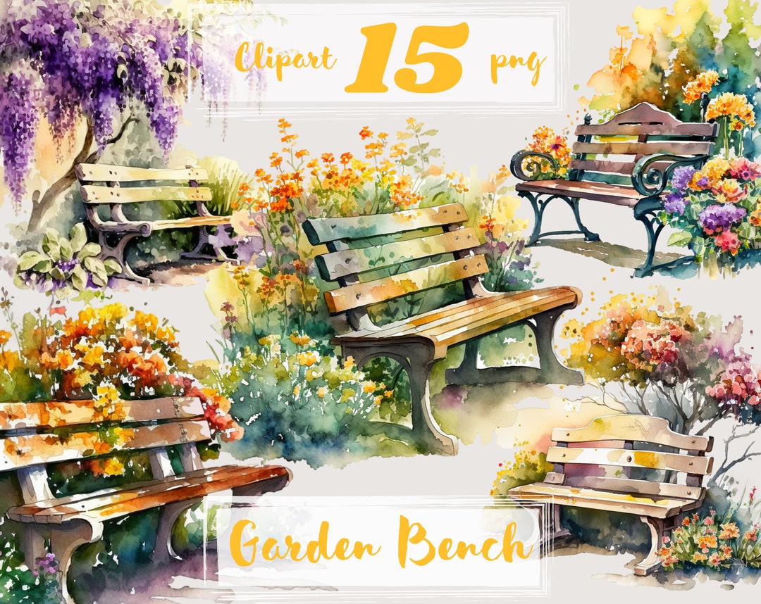 Spring Benches Clipart, Cottage Clip Art, Png. Digital Watercolor. Free ...
