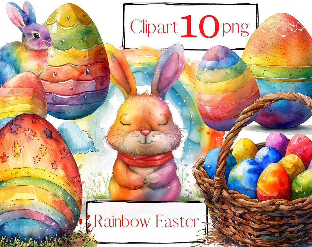 Rainbow Easter Clipart, Easter Eggs Clipart, Boho Easter, Bunny, Junk ...