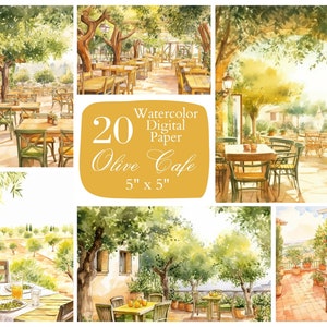 Summer Cafe Digital Paper, Olive Pattern. Watercolor Scrapbook Paper ...