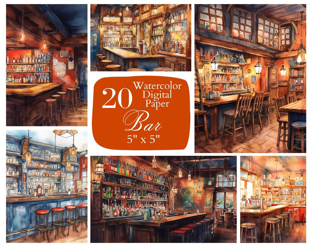 Bar Digital Paper, Cafe Digital Paper. Watercolor Scrapbook Paper for ...