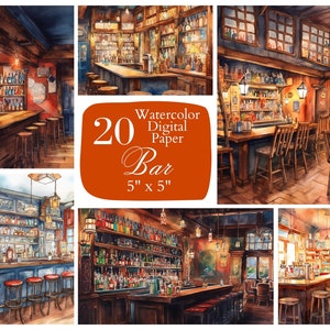 Bar Digital Paper, Cafe Digital Paper. Watercolor Scrapbook Paper for ...