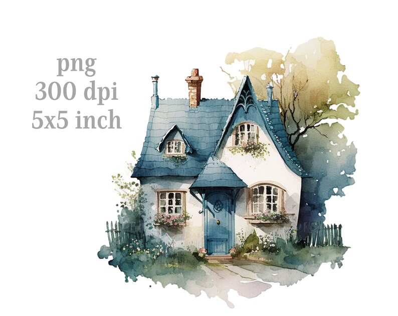 Blue Cottage Clipart House Garden Png. Digital Watercolor. - Etsy