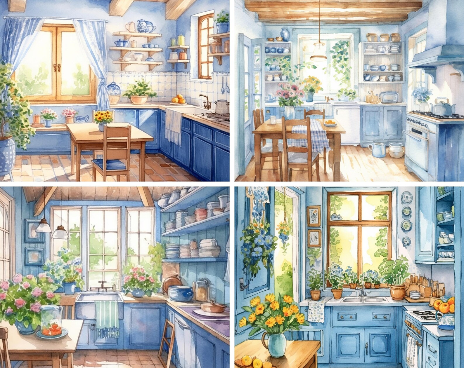 Blue Kitchen Watercolor Digital Paper, Scrapbook, Junk Journal (PNG ...