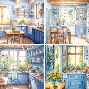 Kitchen Digital Paper, Blue Interior. Watercolor Scrapbook Paper for ...