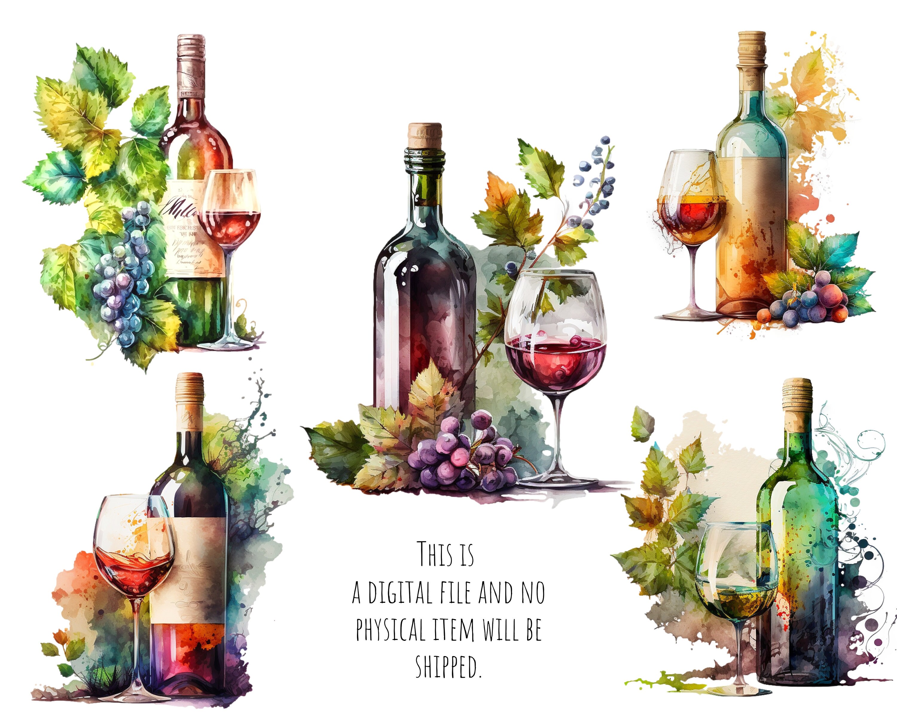 Watercolor Wine Clipart Png Bundle Png. Digital Watercolor. - Etsy