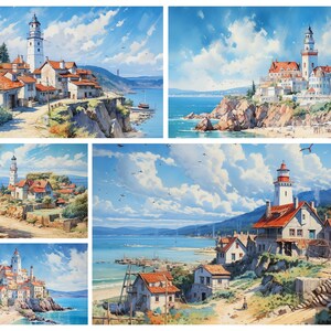 Beach Digital Paper, Sea Village Landscape. Watercolor Scrapbook Paper ...