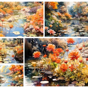 Autumn Lake Digital Paper, Fall Landscape, Pattern. Watercolor Digital ...