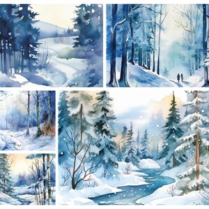 Winter Forest Digital Paper, Snow Winter Wood, Pattern. Watercolor ...