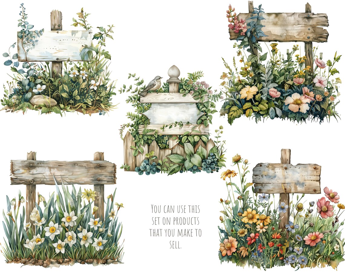 Sign Clipart, Spring Garden Clipart, Floral, Png. Paper Craft, Digital ...