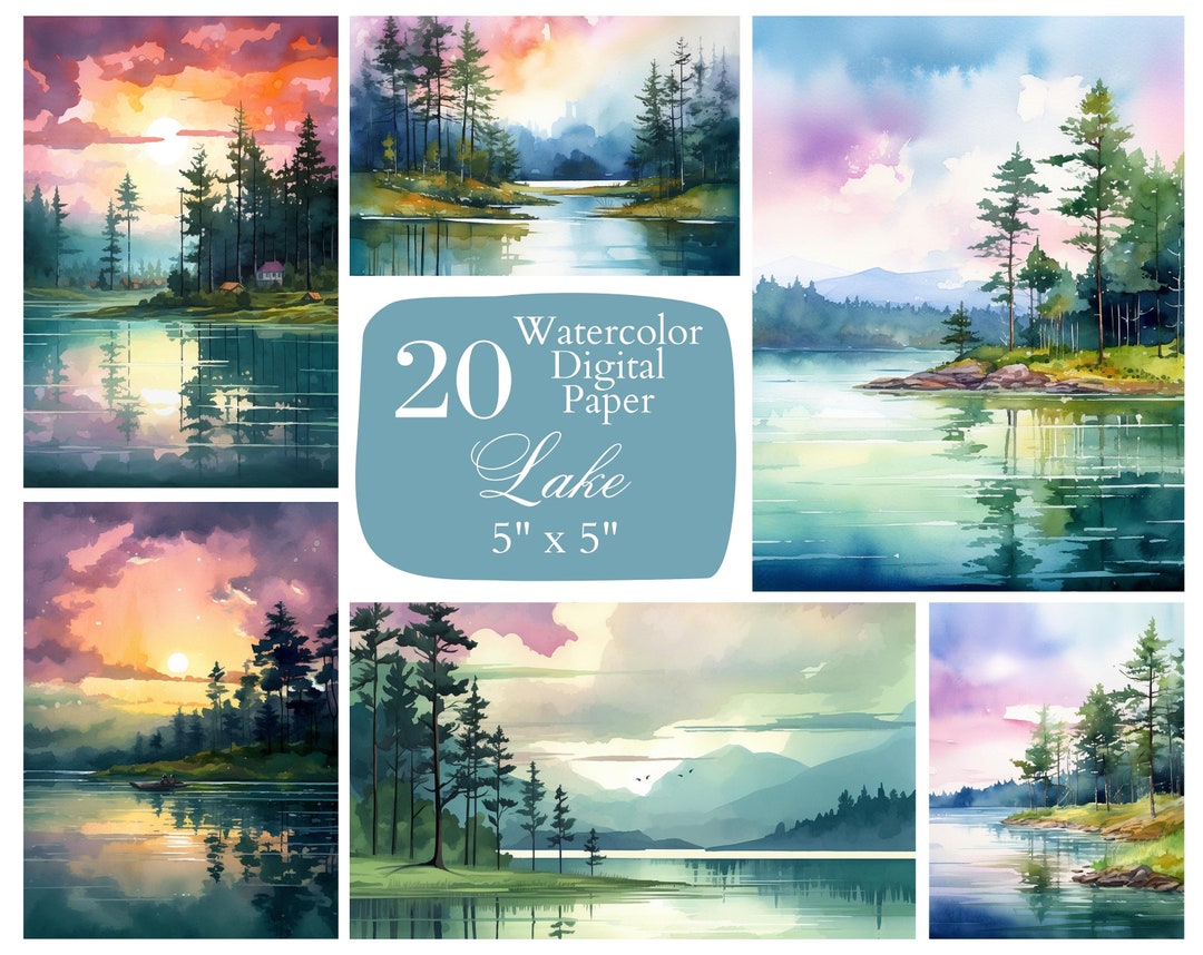 Lake Digital Paper, Landscape Digital Paper. Watercolor Scrapbook Paper ...