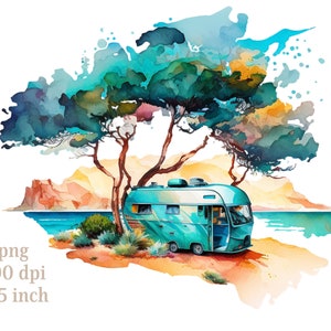 RV Camping Clipart, RV Clip Art, Travel Clipart, Watercolor Summer ...