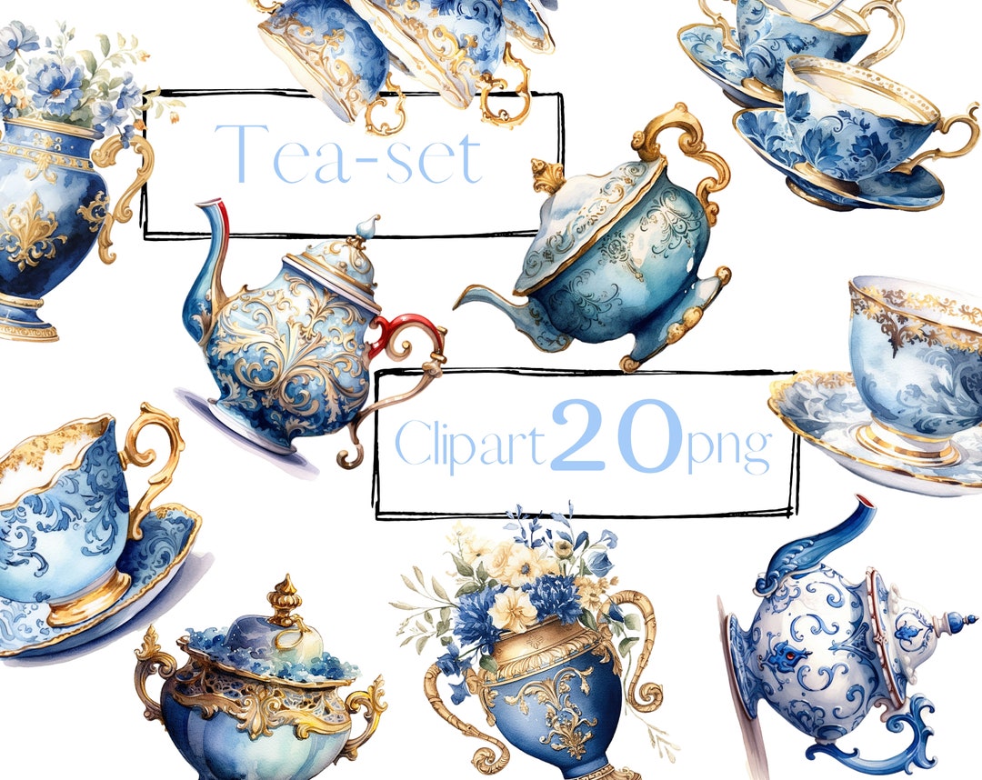 Blue Tea Time Clipart, Tea Set Clip Art, Vintage Teacup Clipart ...