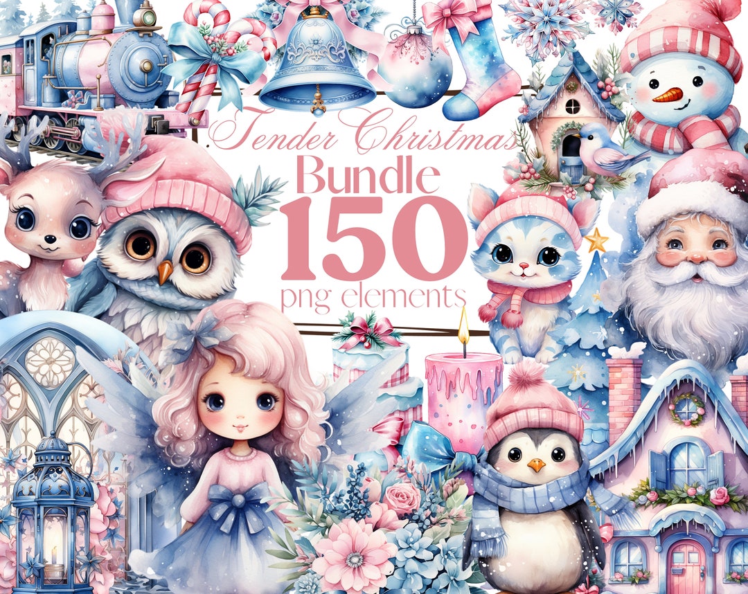 Pink Blue Christmas Clipart. Santa Claus, Present, Gift, Elf, Snow ...