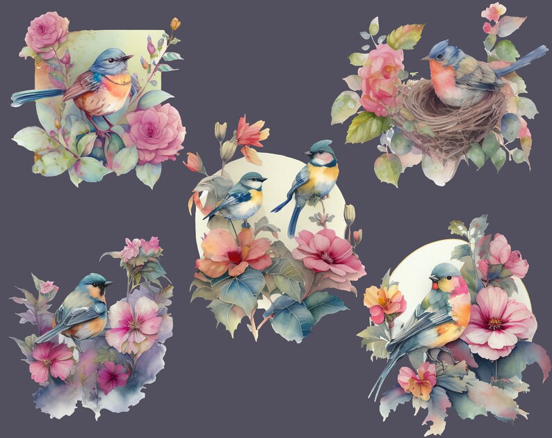 Spring Bird Clipart Floral Clip Art Png. Digital Watercolor. - Etsy