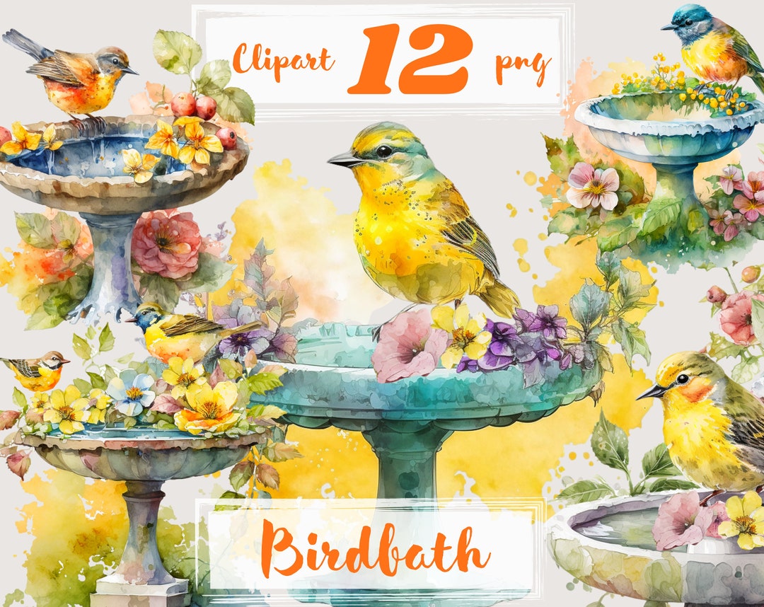 Spring Bird Clipart, Floral Clip Art, Birdbaths Clipart, Png. Digital ...