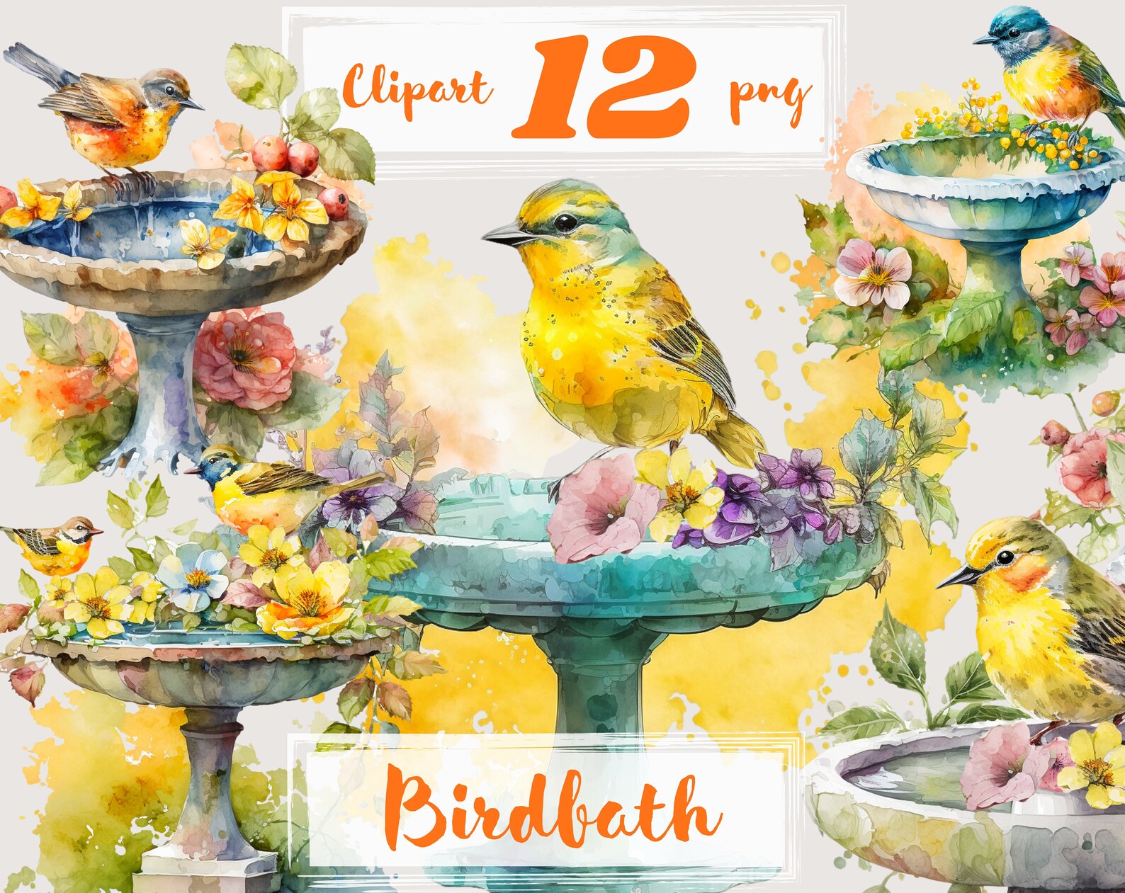 Spring Bird Clipart Floral Clip Art Birdbaths Clipart Png. - Etsy