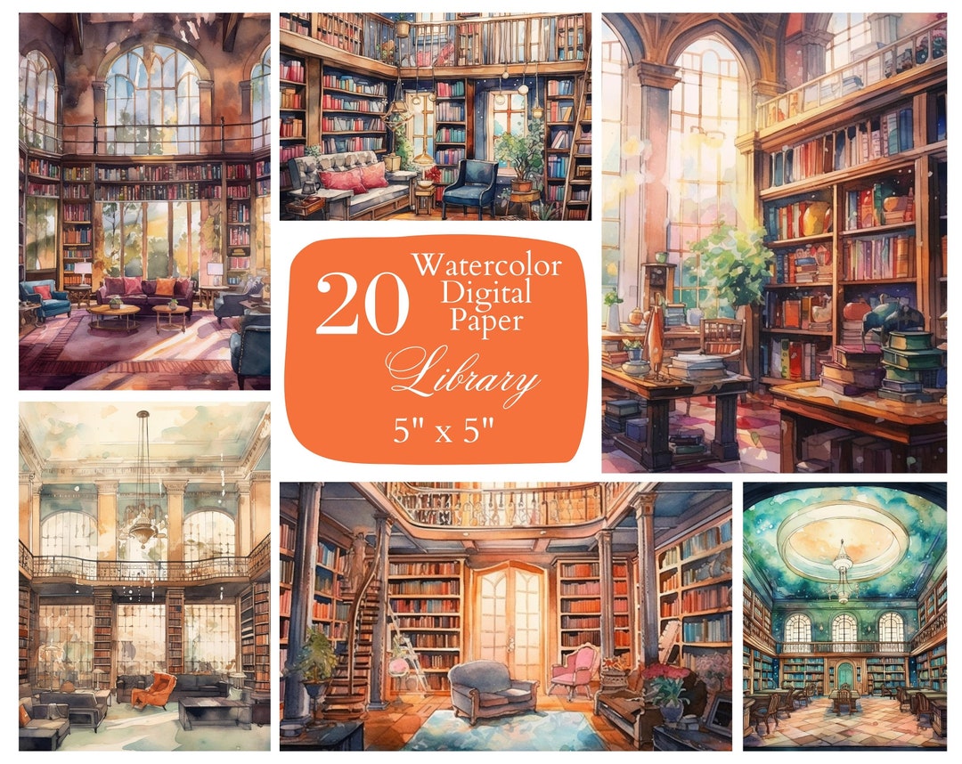 Library Digital Paper, Book Pattern, Read. Watercolor Scrapbook Paper ...