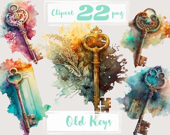 Watercolor Key Clipart, Vintage Clipart, Retro Clip Art, Boho, Old Key ...