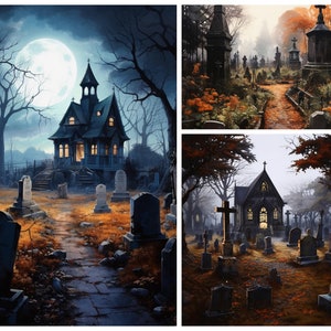 Halloween Digital Paper, Autumn Cemetery, Graveyard. Watercolor Digital ...