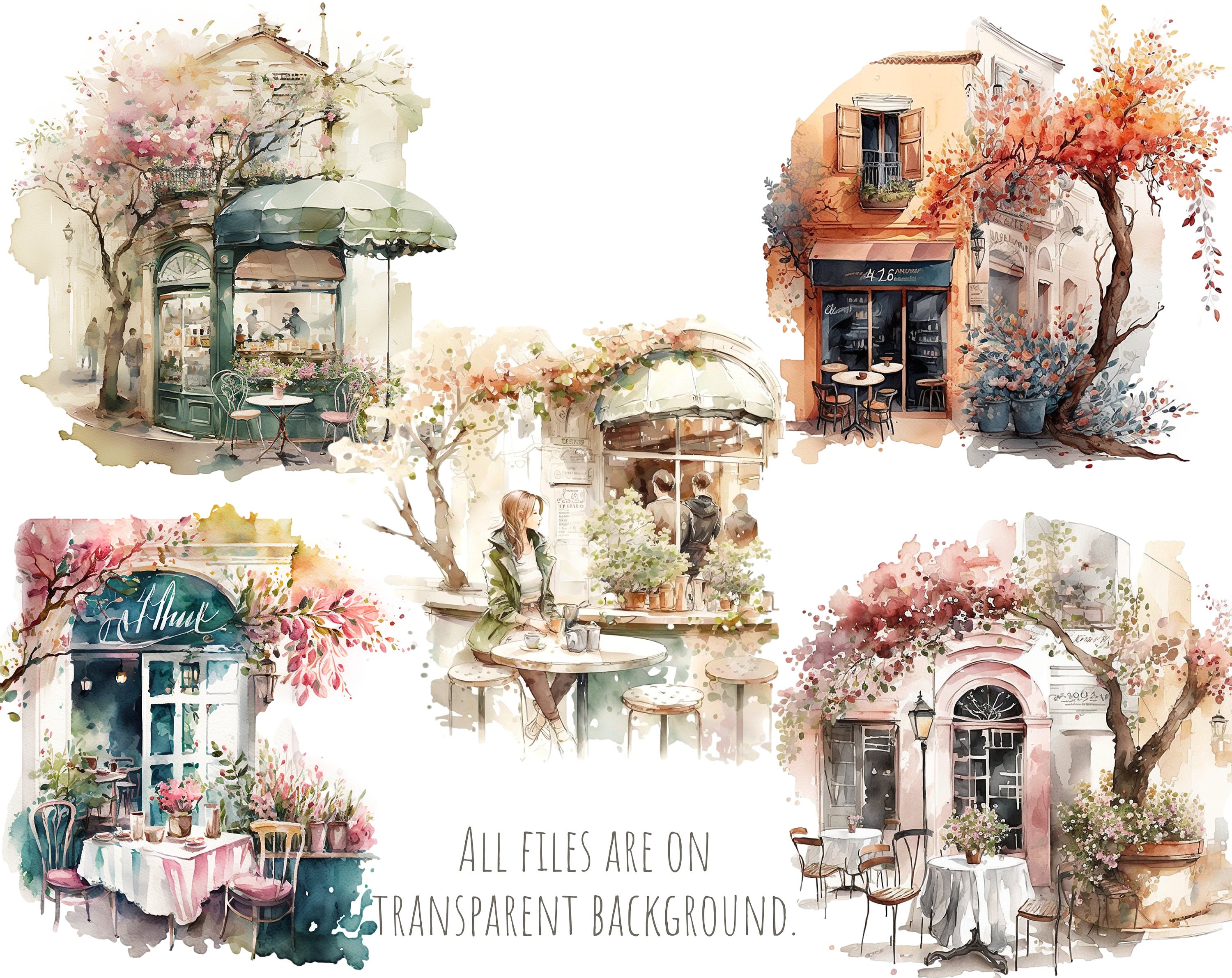 Spring Coffee Shop Clipart, Cafe Clip Art, Png. Digital Watercolor ...