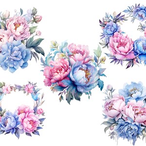 Pink & Blue Peonies Watercolor Clipart, Summer Flowers Clipart, Peonies ...