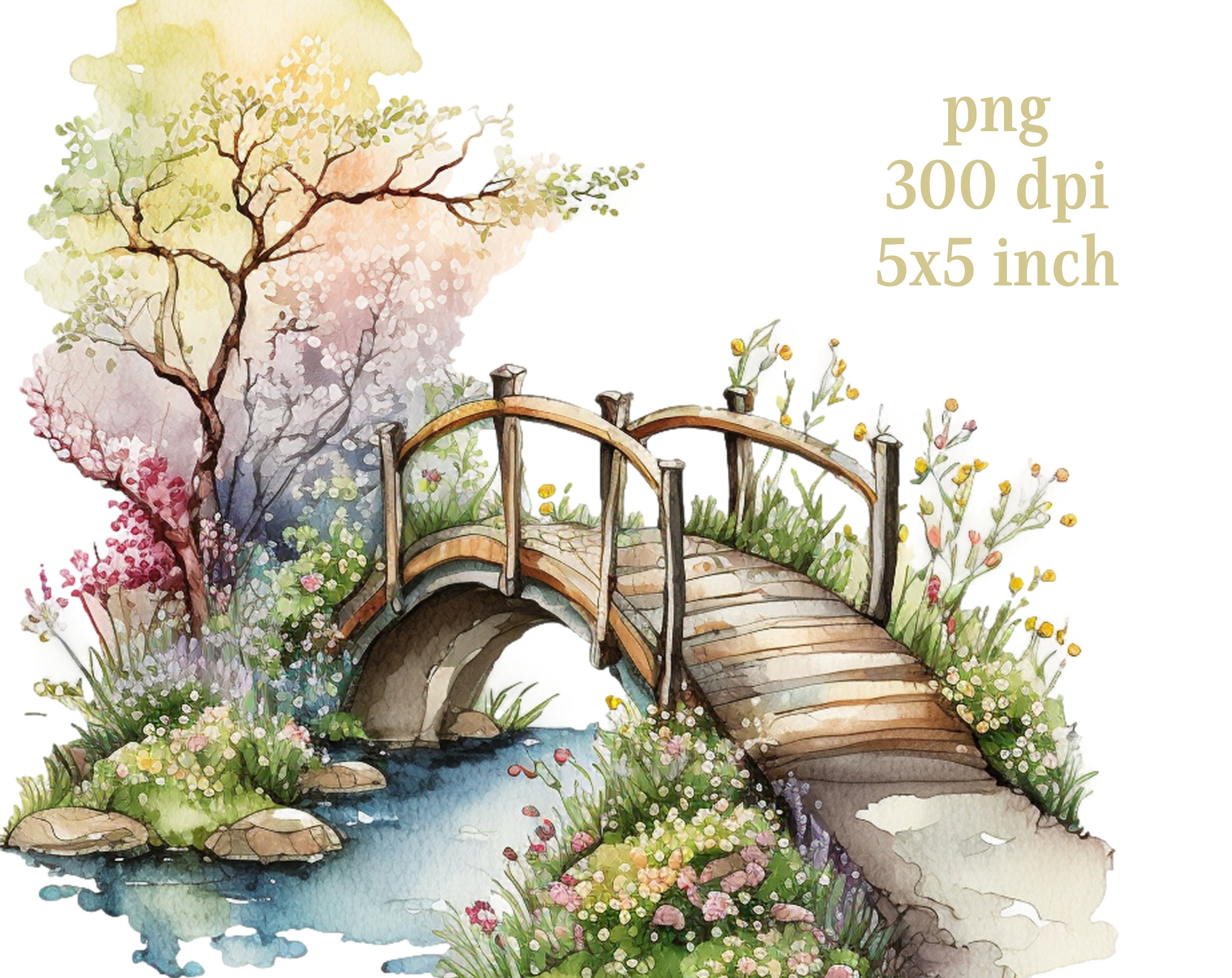 Spring Bridge Clipart, Garden Clip Art, Png. Digital Watercolor. Free ...
